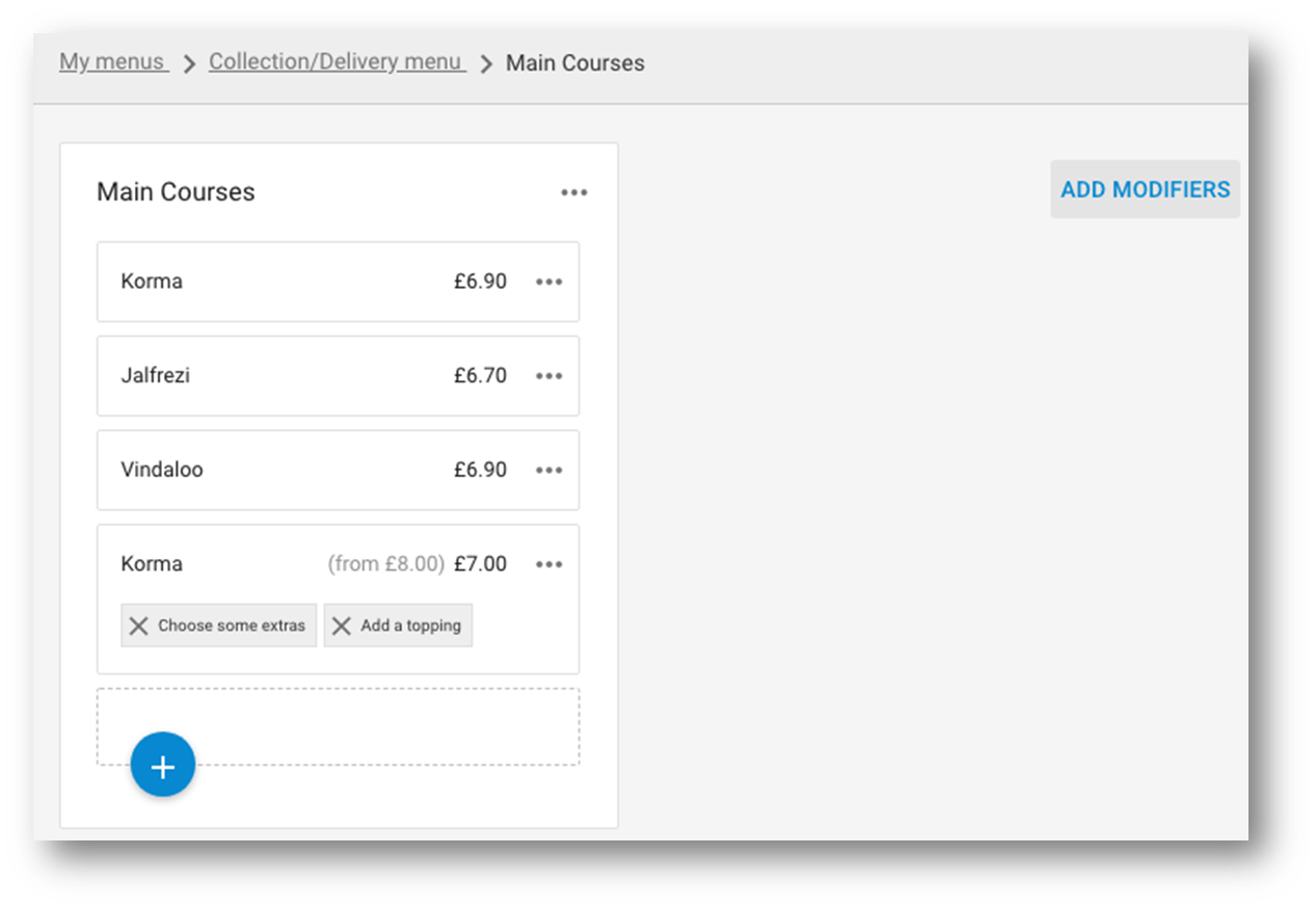 Create menu items and add modifiers