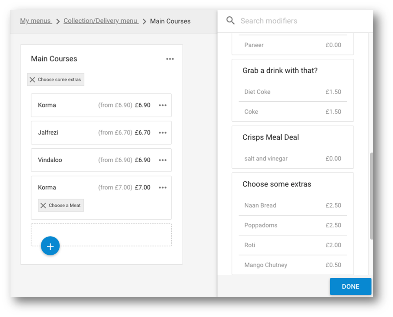 Create menu items and add modifiers